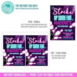 Bowling Party Invite for Girls, Neon Glow Tenpin Bowling Birthday ...