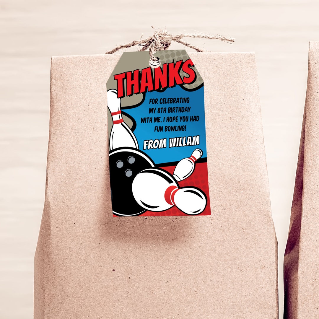 Bowling Birthday Thank You Tags for Boys, Bowling Party Favor Tags ...