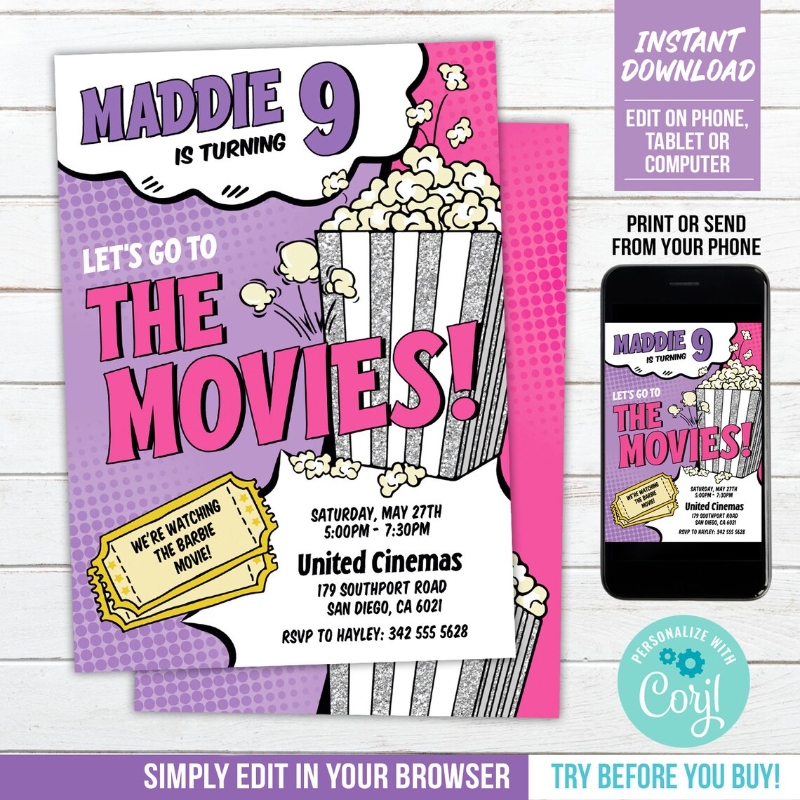 Movie Birthday Invitation | Girl Movies Popcorn Birthday Party Invite ...