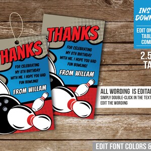 Bowling Birthday Thank You Tags for Boys, Bowling Party Favor Tags ...