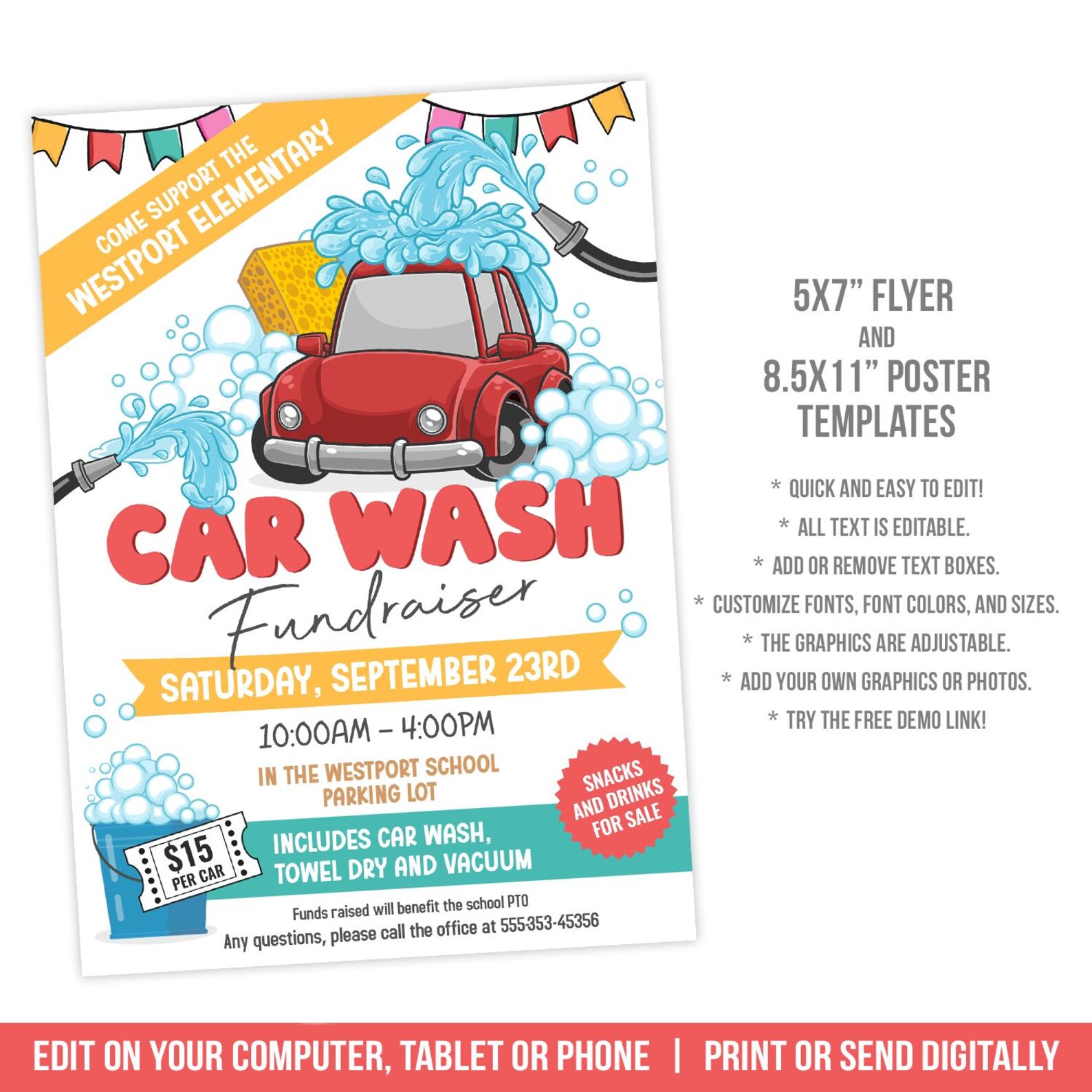 Car Wash Fundraiser Flyer | Community Car Wash Event Poster | Printable ...