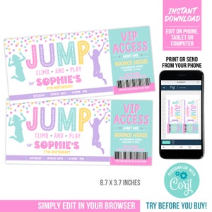 Jump Birthday Invitation Ticket for Girls, Jump, Climb and Play Party ...