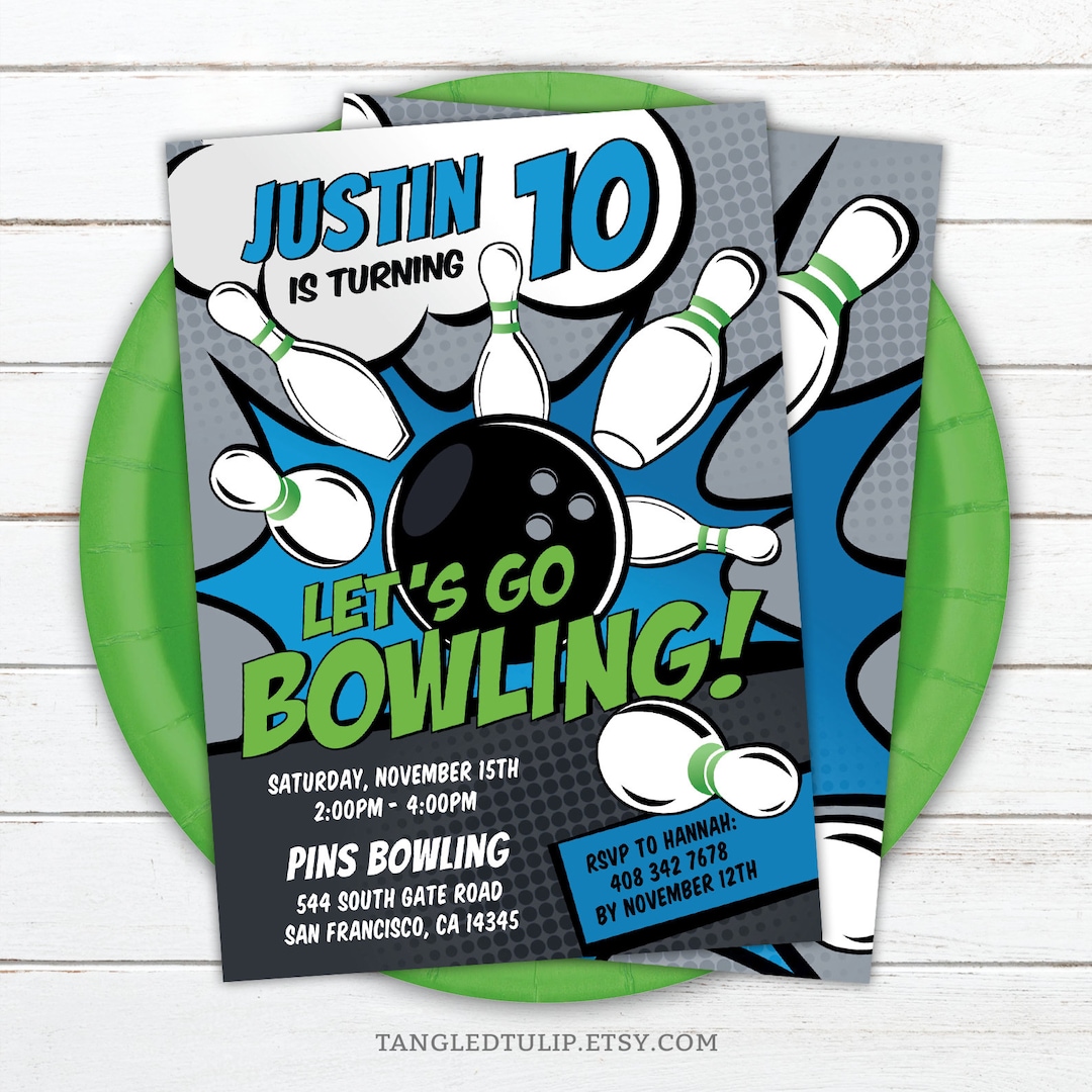 Bowling Birthday Invitation | Boy Comic Style Bowling Birthday Party ...