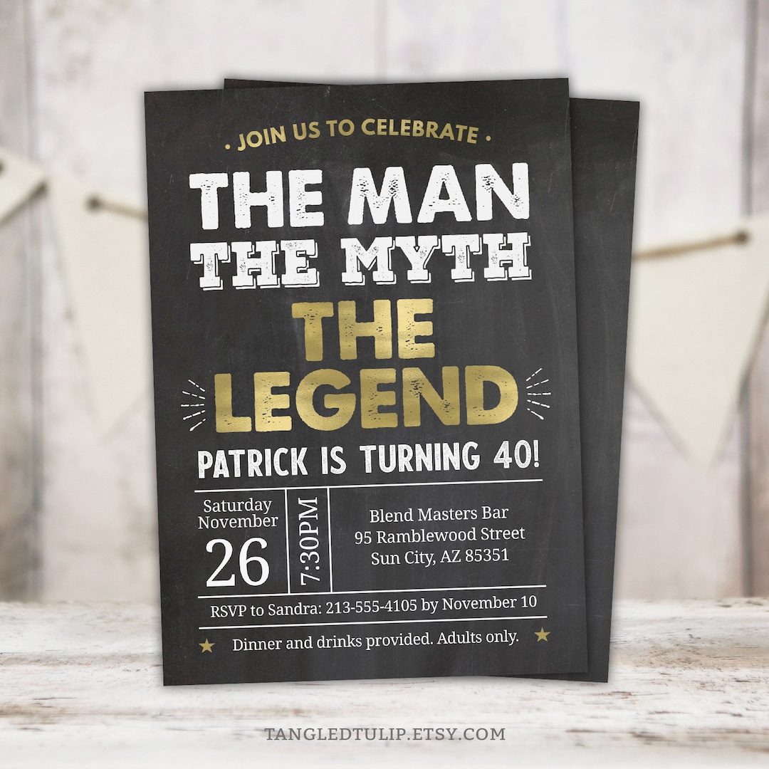 Man Myth Legend Birthday Invitation | Gold Legend Birthday Party Invite ...