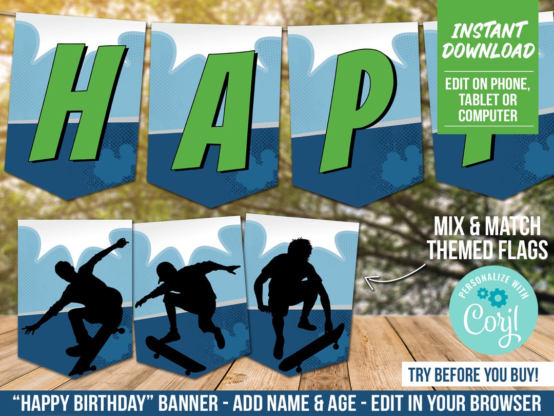 Skateboarding Birthday Banner, Happy Birthday Banner for Skater Party ...