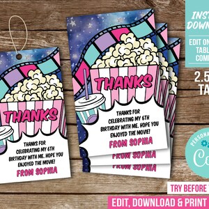 Movie Night Birthday Thank You Tags for Girls, Movie Night Party Favor ...