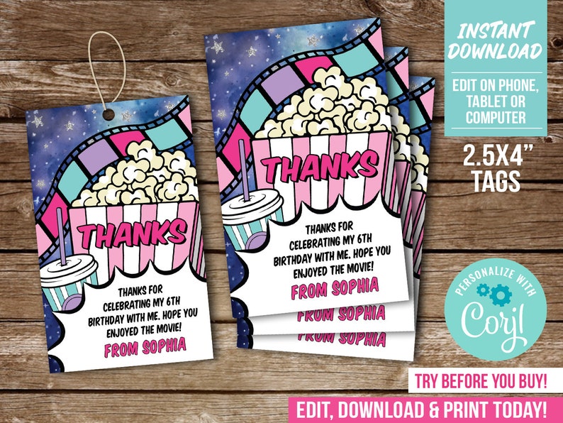 Movie Night Birthday Thank You Tags for Girls Movie Night - Etsy
