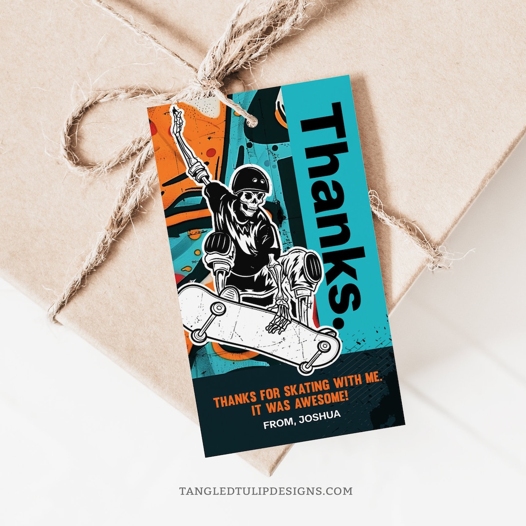 Skateboarding Party Tag Template for Boys Skater Birthday. Editable ...