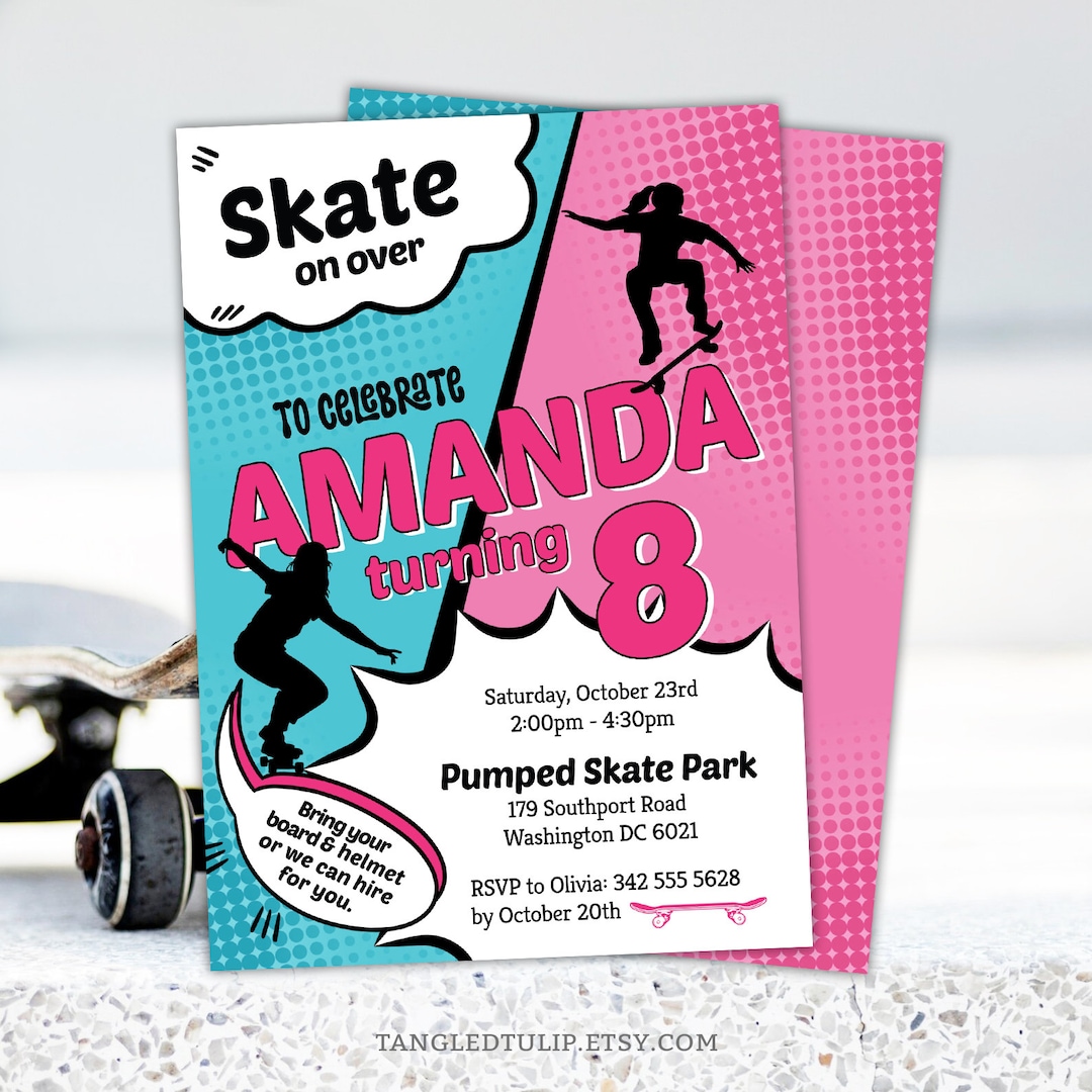 Skateboarding Birthday Invitation for a Skater Girl Skateboard Party ...