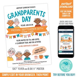 Grandparents Day Flyer Template, Editable School Grandparents Invite ...