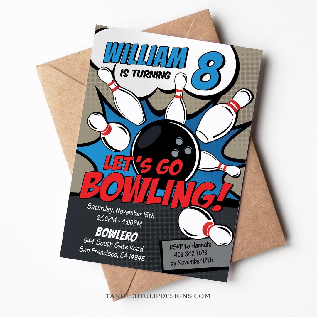 Editable Bowling Party Invite, 8th Birthday Invitation Boy, Tenpin ...