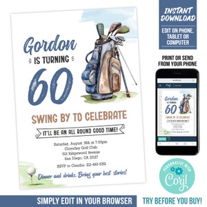Editable Golfer 60th Birthday Invitation for a Man, Golf Theme Party ...