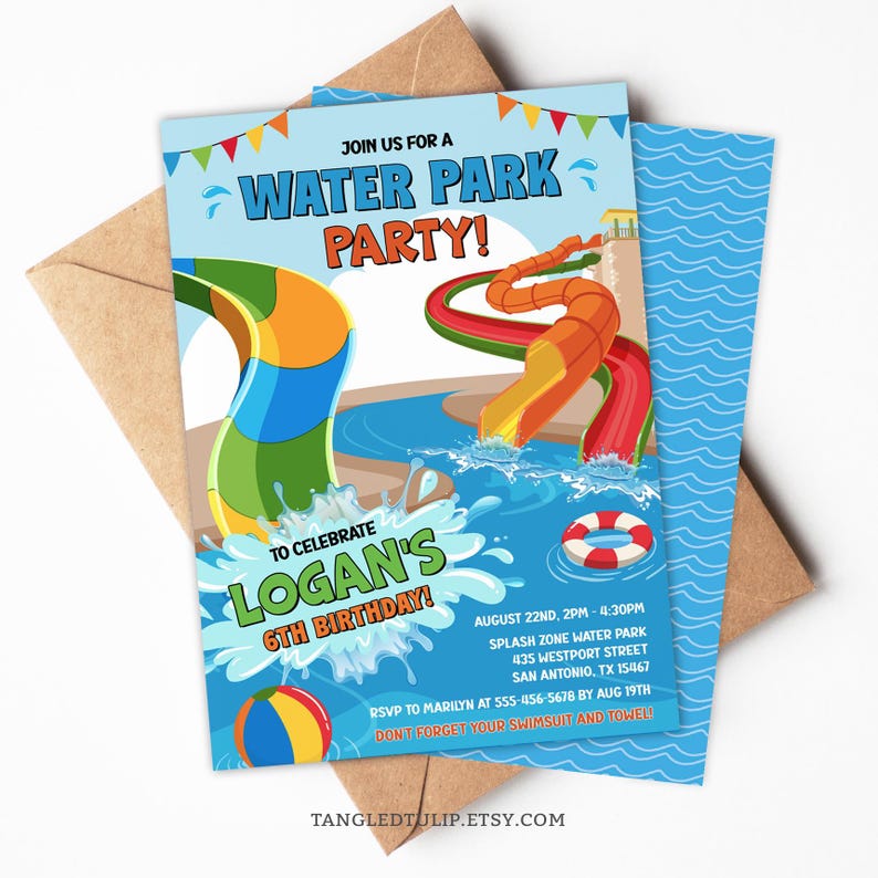 Water Park Birthday Invitation | Boy Water Slides Birthday Party Invite ...