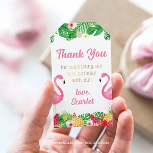 Editable Flamingo First Birthday Tags, 1st Birthday Favor Tag Template ...