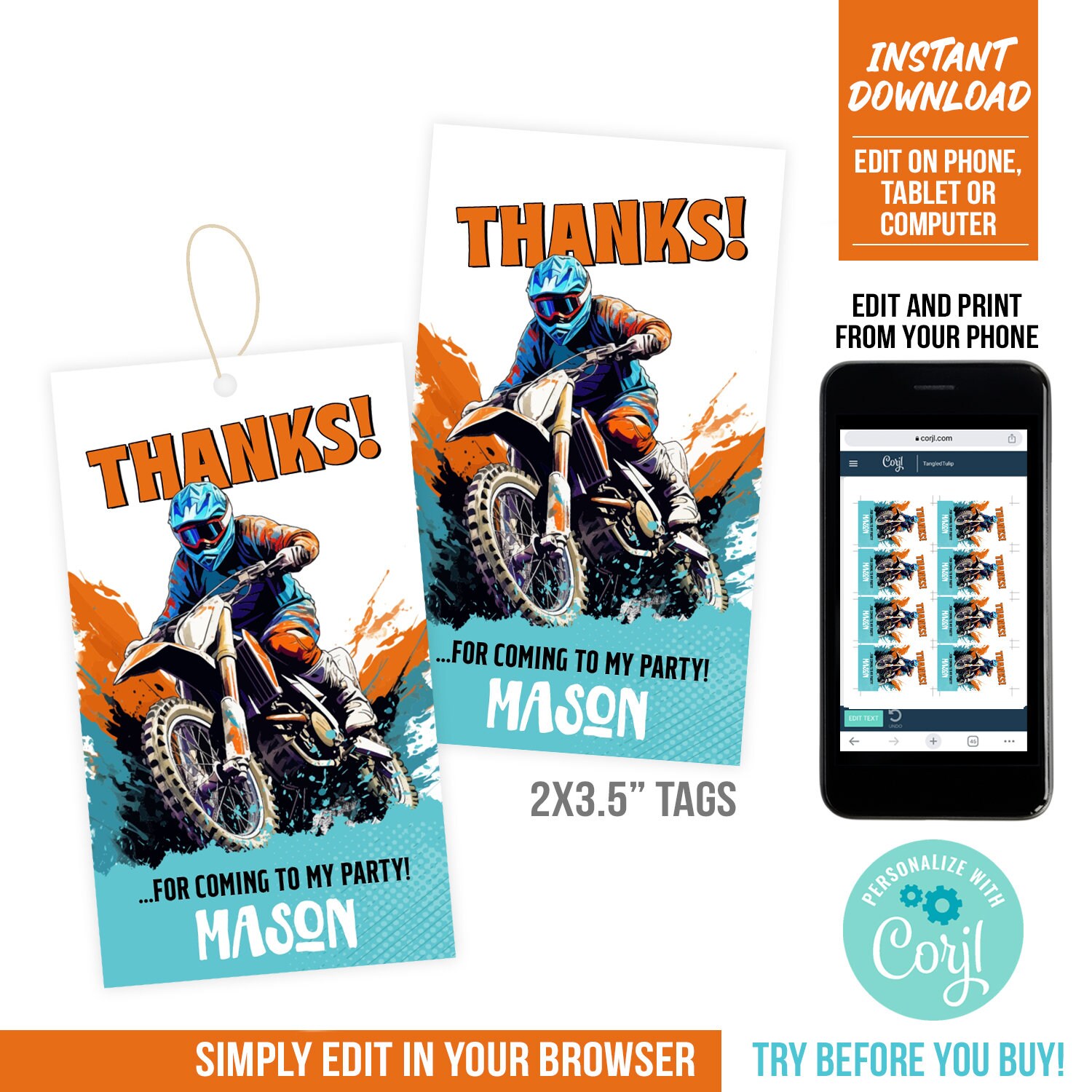 Motocross Birthday Thank You Favor Tags | Dirt Bike Party Favor Tag ...