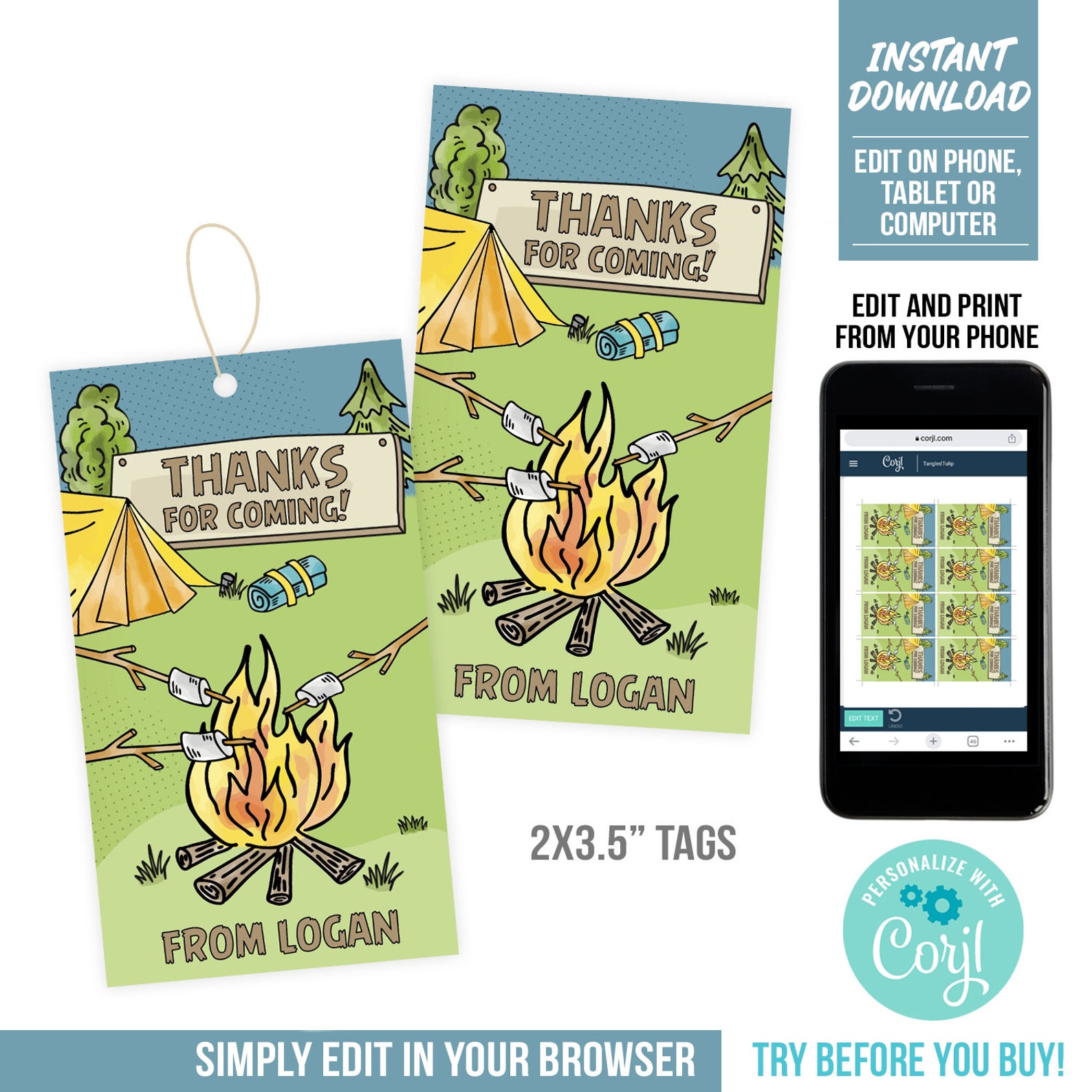 Camping Party Tags, Editable Campout Birthday Thank You Tag Template ...