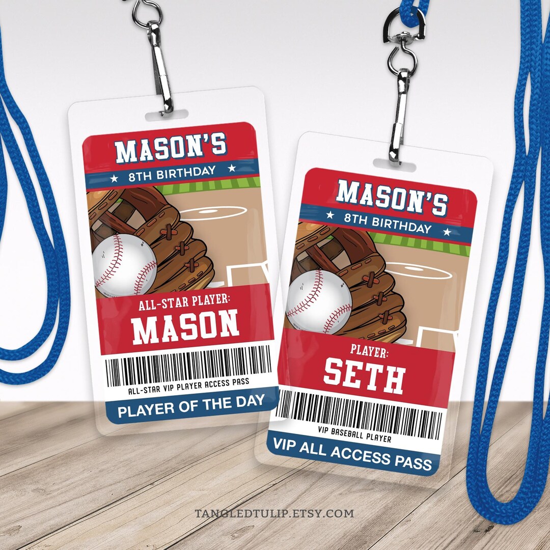 Editable Baseball Birthday Party ID Badges, Baseball Player ID Badge ...