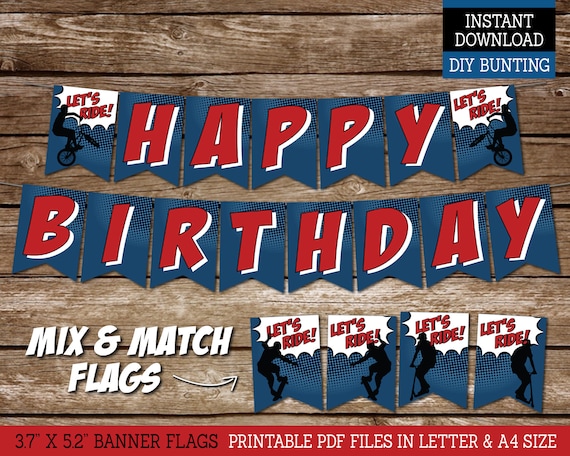 Bike Skater Scooter Birthday Party Bunting Banner, Happy Birthday DIY ...