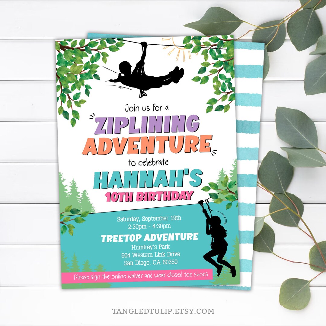 Ziplining Birthday Invitation for Girl Editable Zipline Outdoor ...