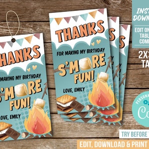 S'mores Birthday Thank You Tags, Editable S'mores Favor Tags, S'mores ...