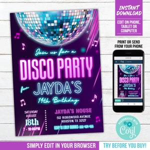 Disco Birthday Party Invitation Neon Glow in the Dark Disco Ball ...