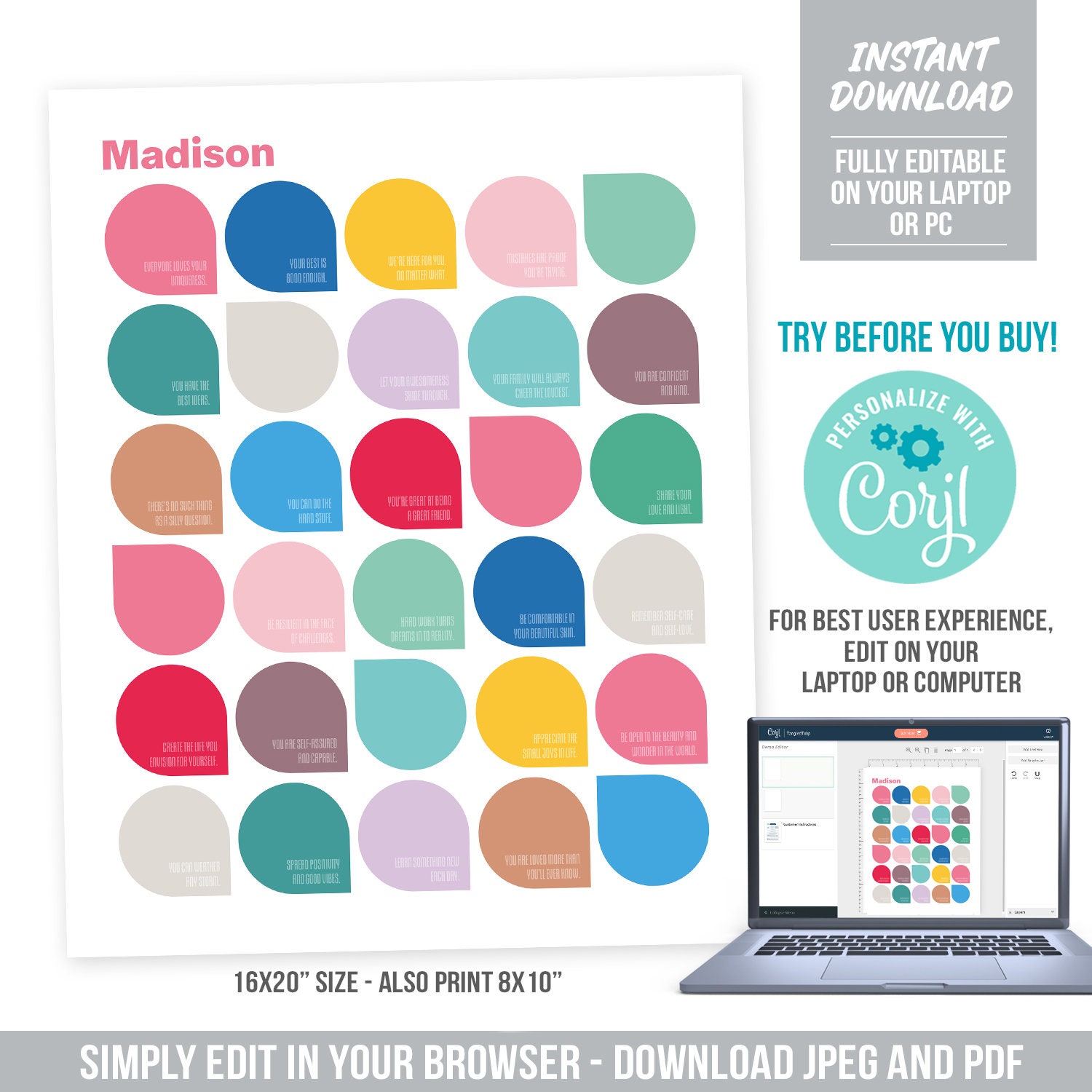Geometric Affirmations Printable, Editable Mental Health Poster ...