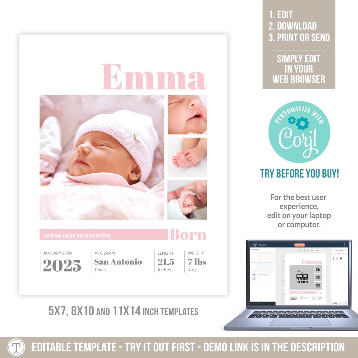 Editable Birth Stats Sign, Baby Birth Stats Poster, Baby Announcement ...