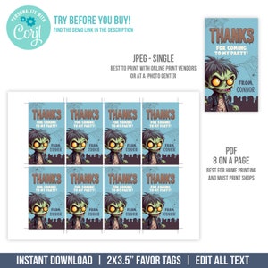 Zombie Party Tags, Editable Zombie Birthday Thank You Favor Tag ...