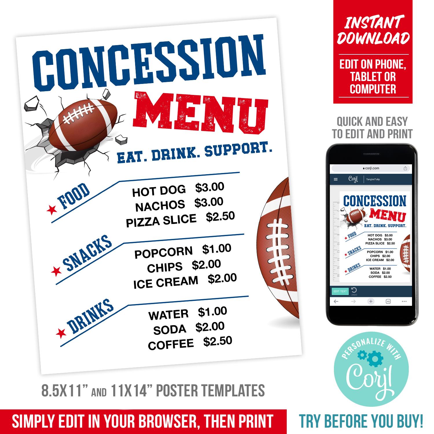 Football Concession Menu Poster | Football Refreshment Stand Price List ...