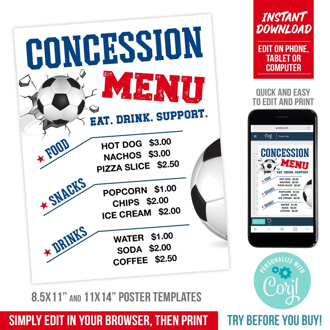 Soccer Concession Menu Poster | Soccer Refreshment Stand Price List ...