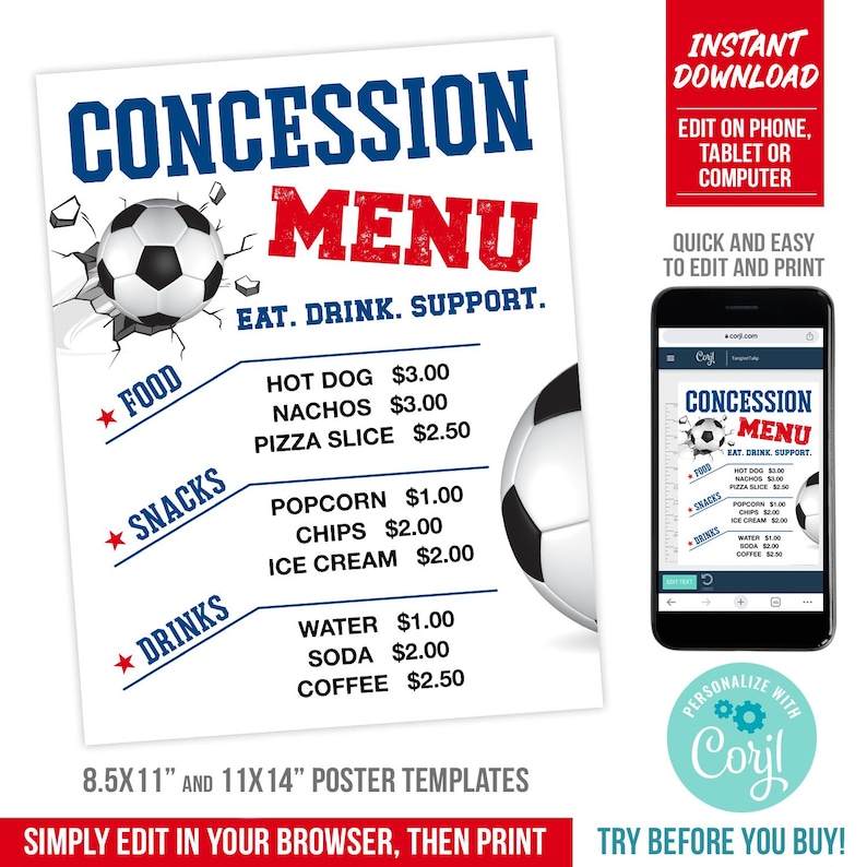 Soccer Concession Menu Poster | Soccer Refreshment Stand Price List ...