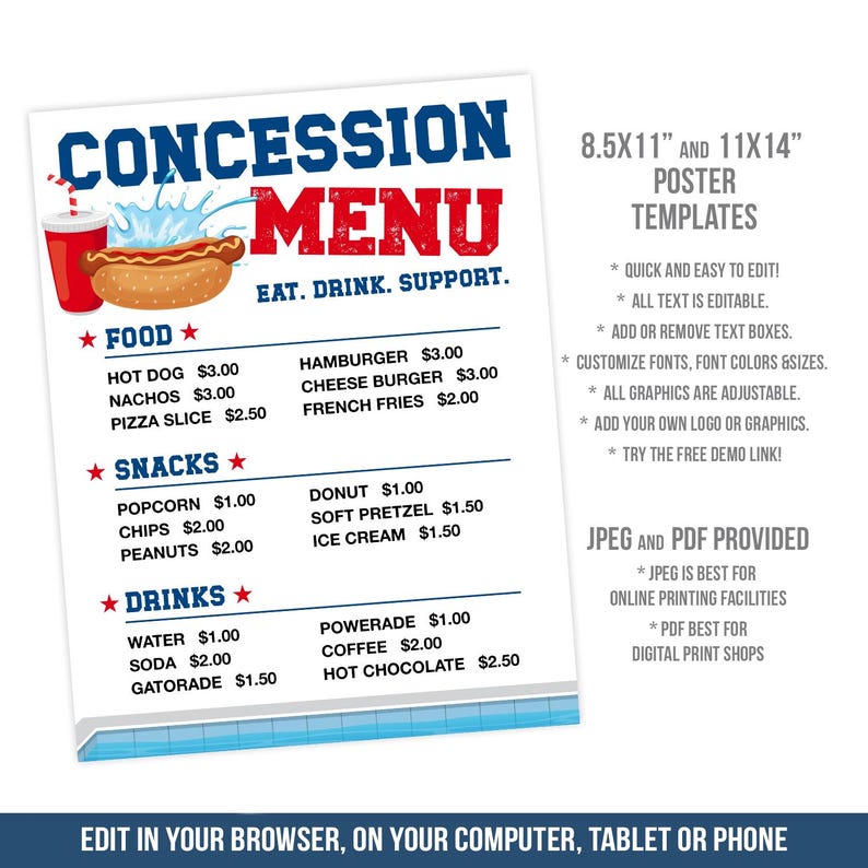 Swim Meet Concession Menu Poster | Swimming Pool Refreshment Stand ...