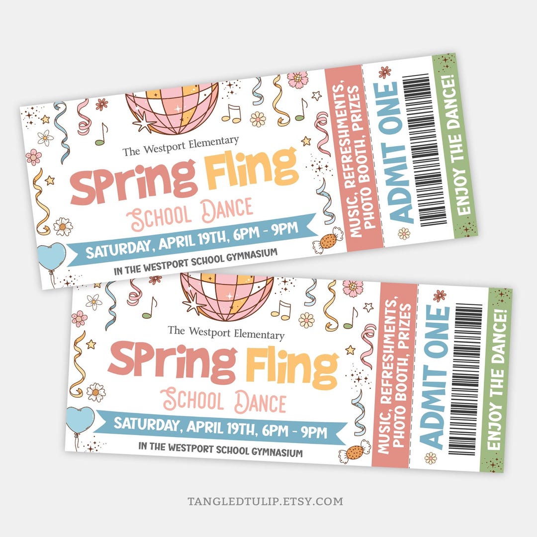 Editable Spring Fling Dance Tickets, School Spring Fling Ticket ...