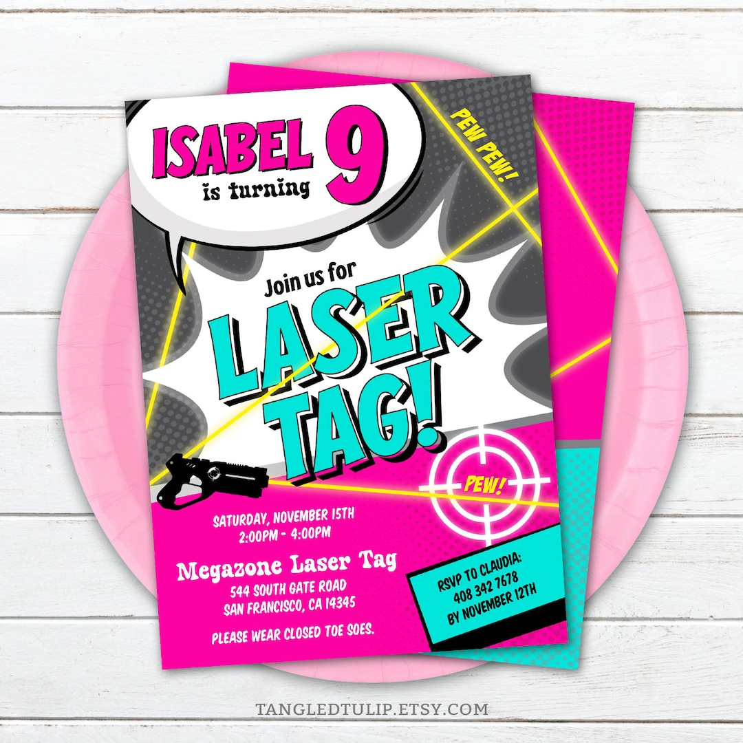 Editable Laser Tag Birthday Invitation Girl Lasertag Neon - Etsy
