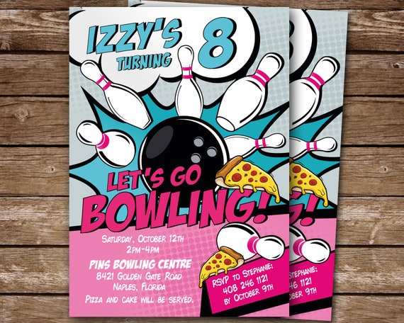 Tenpin Bowling & Pizza Birthday Invitation for Girls, Bowling and Pizza ...