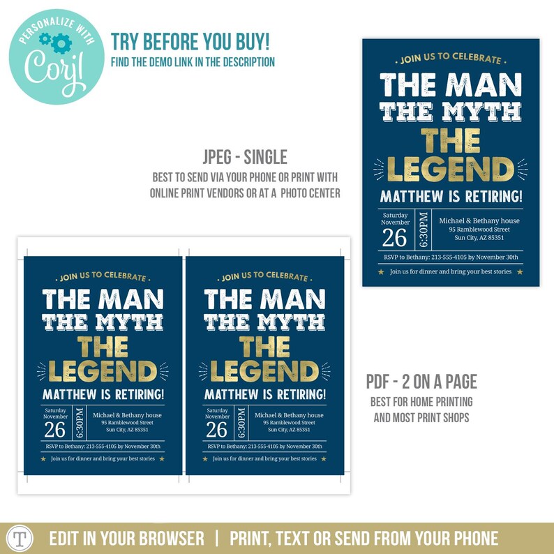 Legend Retirement Invitation | Man Myth Legend Retirement Party Invite ...