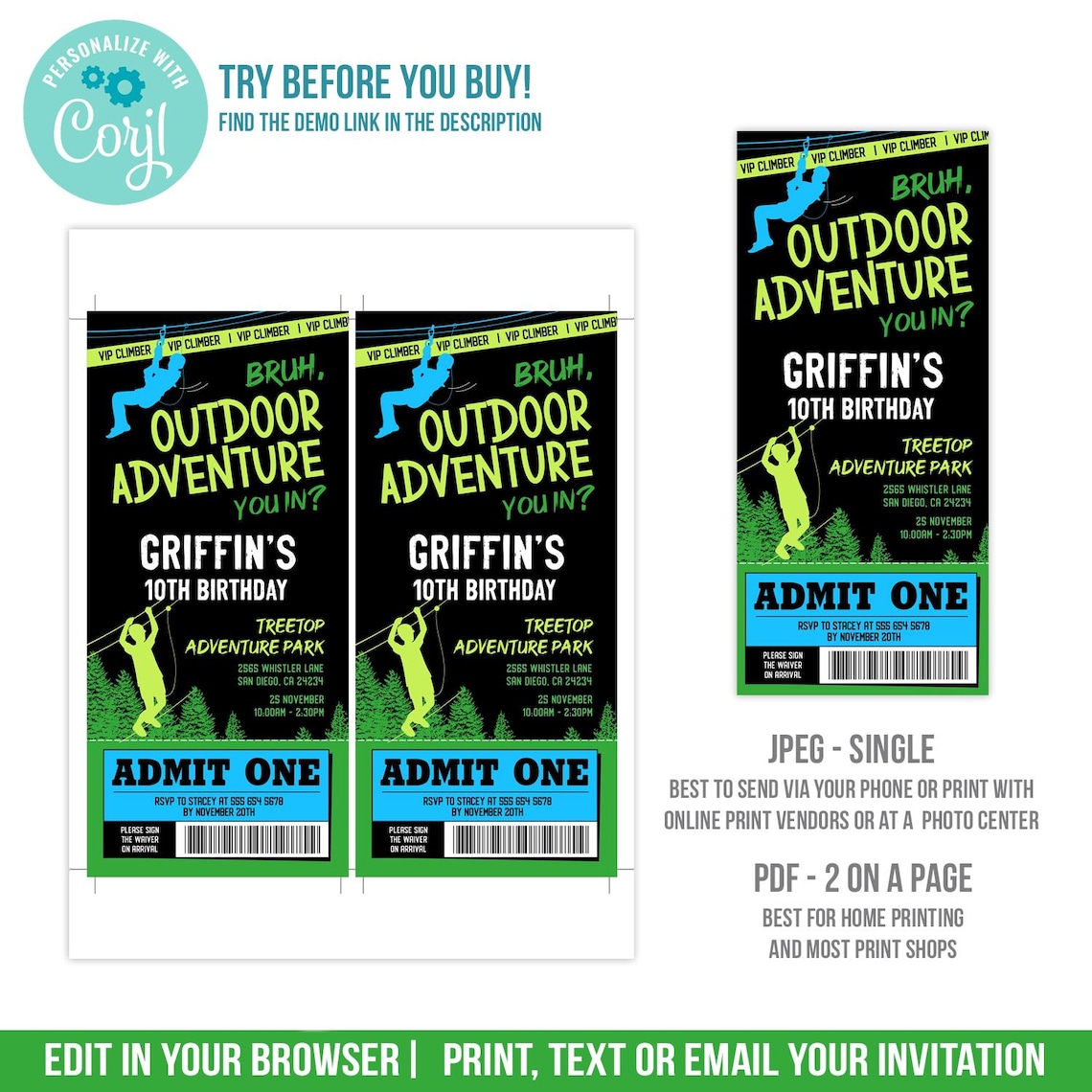 Outdoor Adventure Birthday Invitation | Boy Rope Course Zipline Ticket ...
