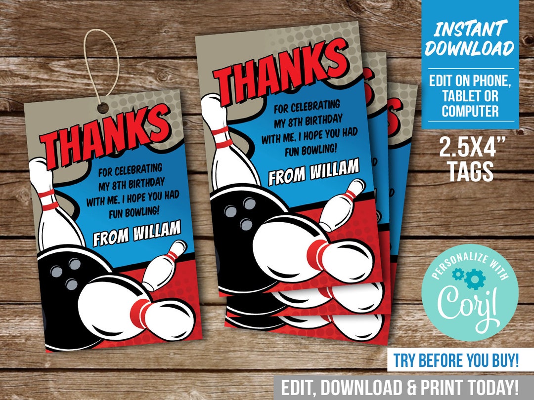 Bowling Birthday Thank You Tags for Boys Bowling Party Favor - Etsy