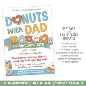 Editable Donuts With Dad Invitation Flyer, School Father's Day ...