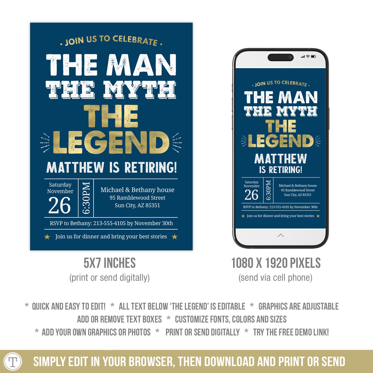 Editable Retirement Invitation, Man Myth Legend Retirement Party Invite ...