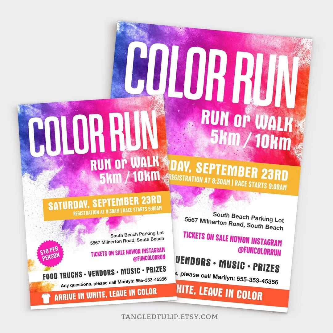 Editable Color Run Flyer and Poster, Color Run Event Invitation ...