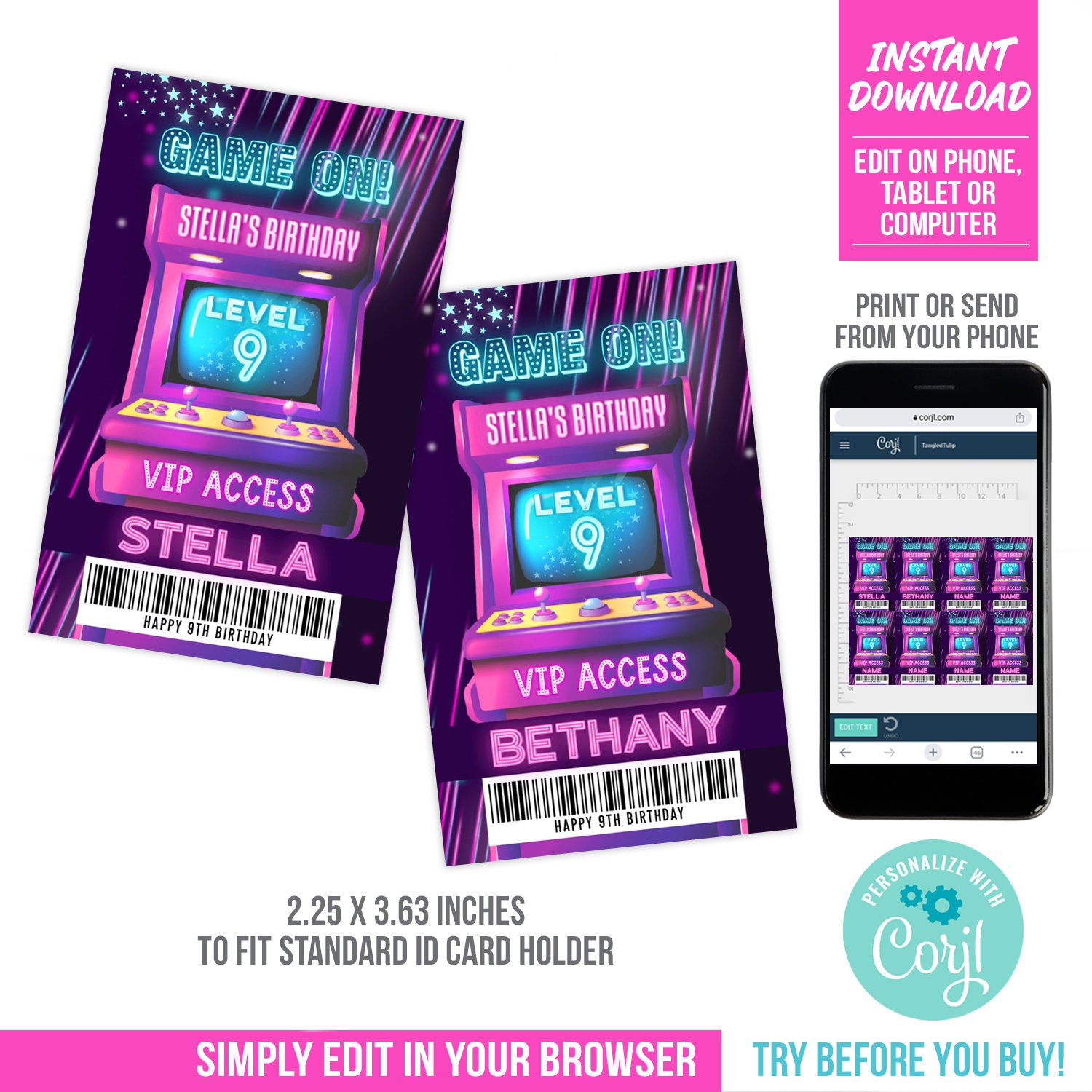 Arcade Party VIP Badge | Glow Arcade Birthday Name Badge | Editable ...