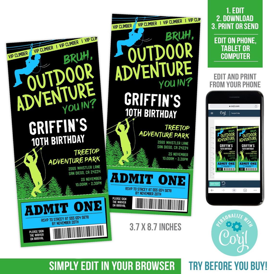 Outdoor Adventure Birthday Invitation | Boy Rope Course Zipline Ticket ...