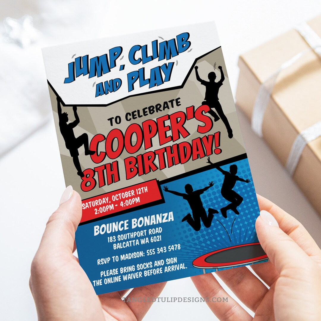 Jump, Climb & Play Birthday Invitation Card, Trampoline and Climbing ...