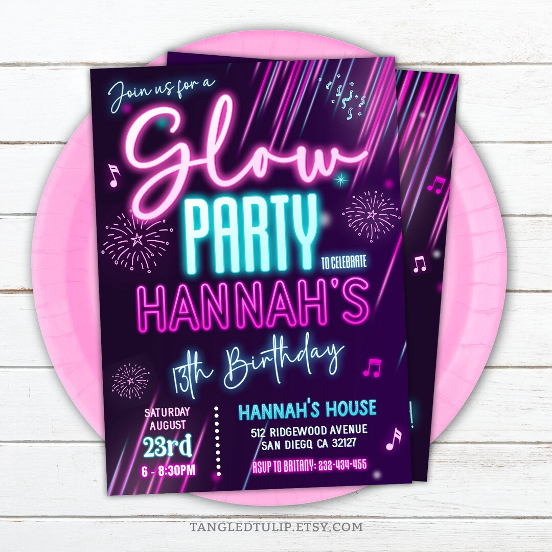 Editable Glow Party Invitation Neon Glow Birthday Invite Girl - Etsy