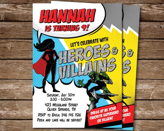 Heroes & Villains Invitation for Girls, Super Hero and Villains ...