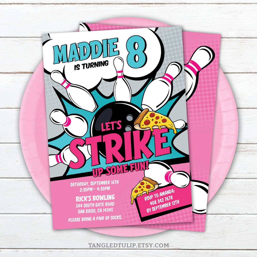 Bowling & Pizza Birthday Invitation Girl Editable Tenpin Bowl Pizza ...