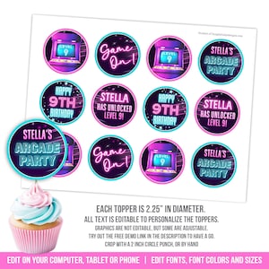 Editable Arcade Birthday Cupcake Toppers for Girls, Arcade Game Party ...