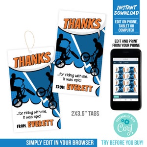 Editable Bike Party Thank You Tags Template, Boy BMX Bike Riding Party ...