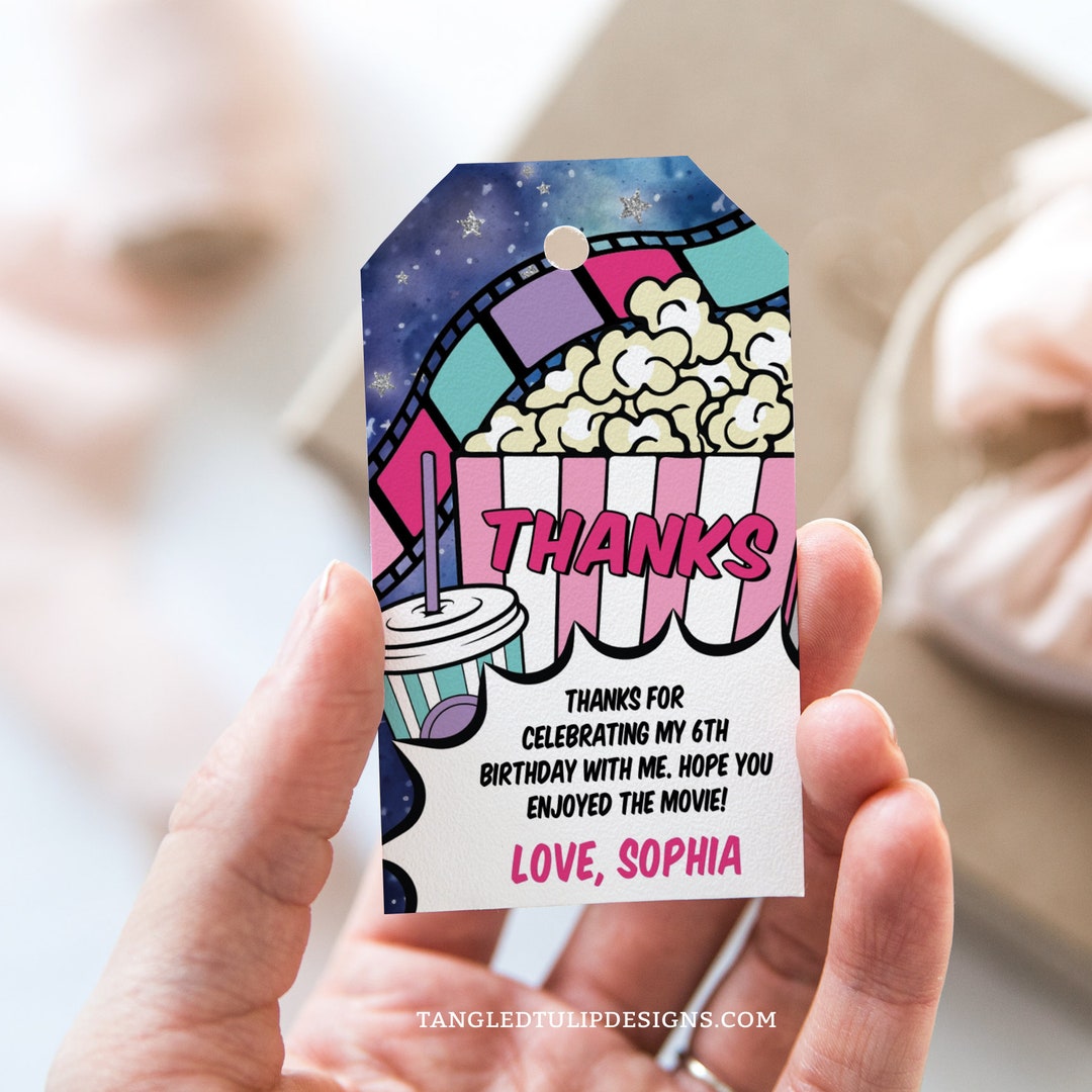 Movie Night Birthday Thank You Tags for Girls, Movie Night Party Favor ...